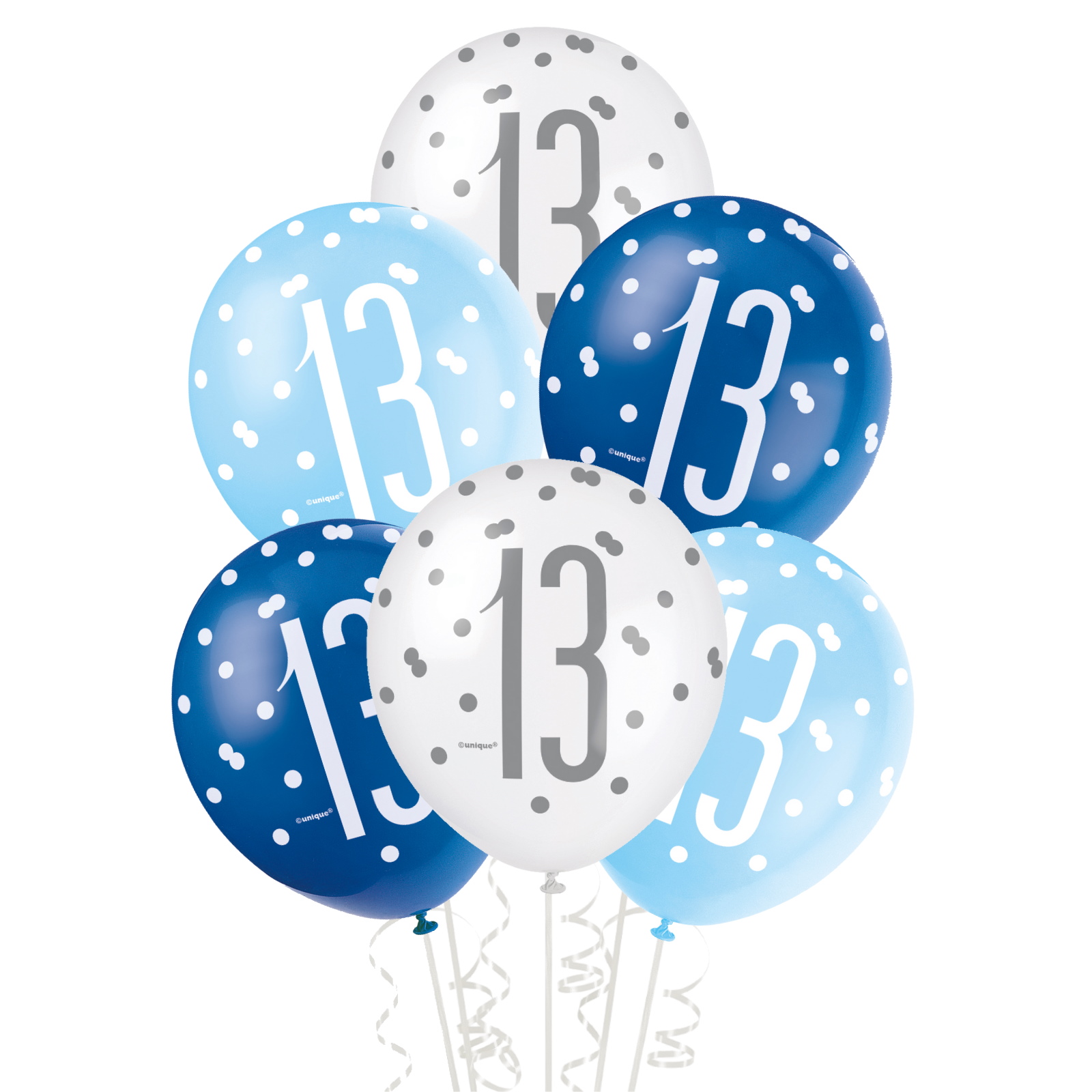 Blue & White Assorted 13th Birthday Balloons (Pack of 6) | 13th ...