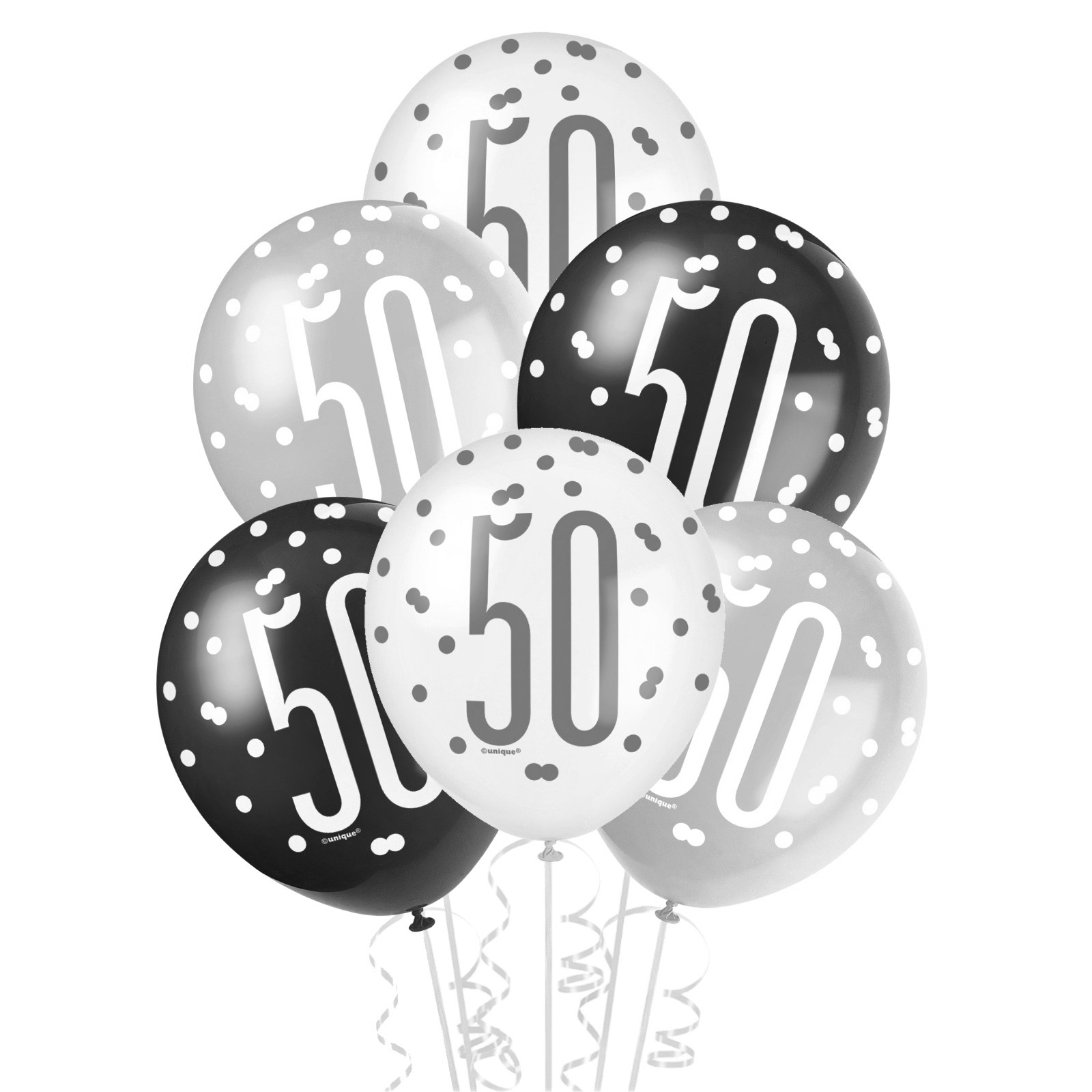 Black, Silver & White Assorted 50th Birthday Balloons (Pack of 6 ...