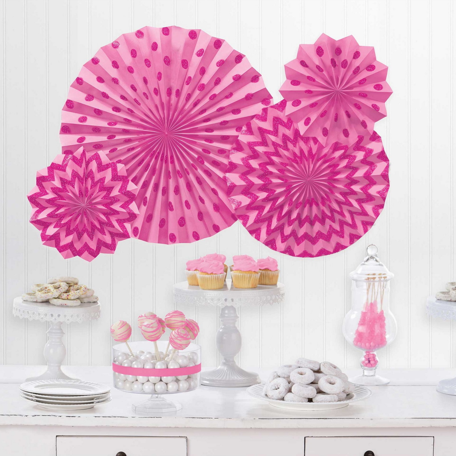 Pink Glitter Polka Dot and Chevron Paper Fan Decorations (Pack of 4 ...