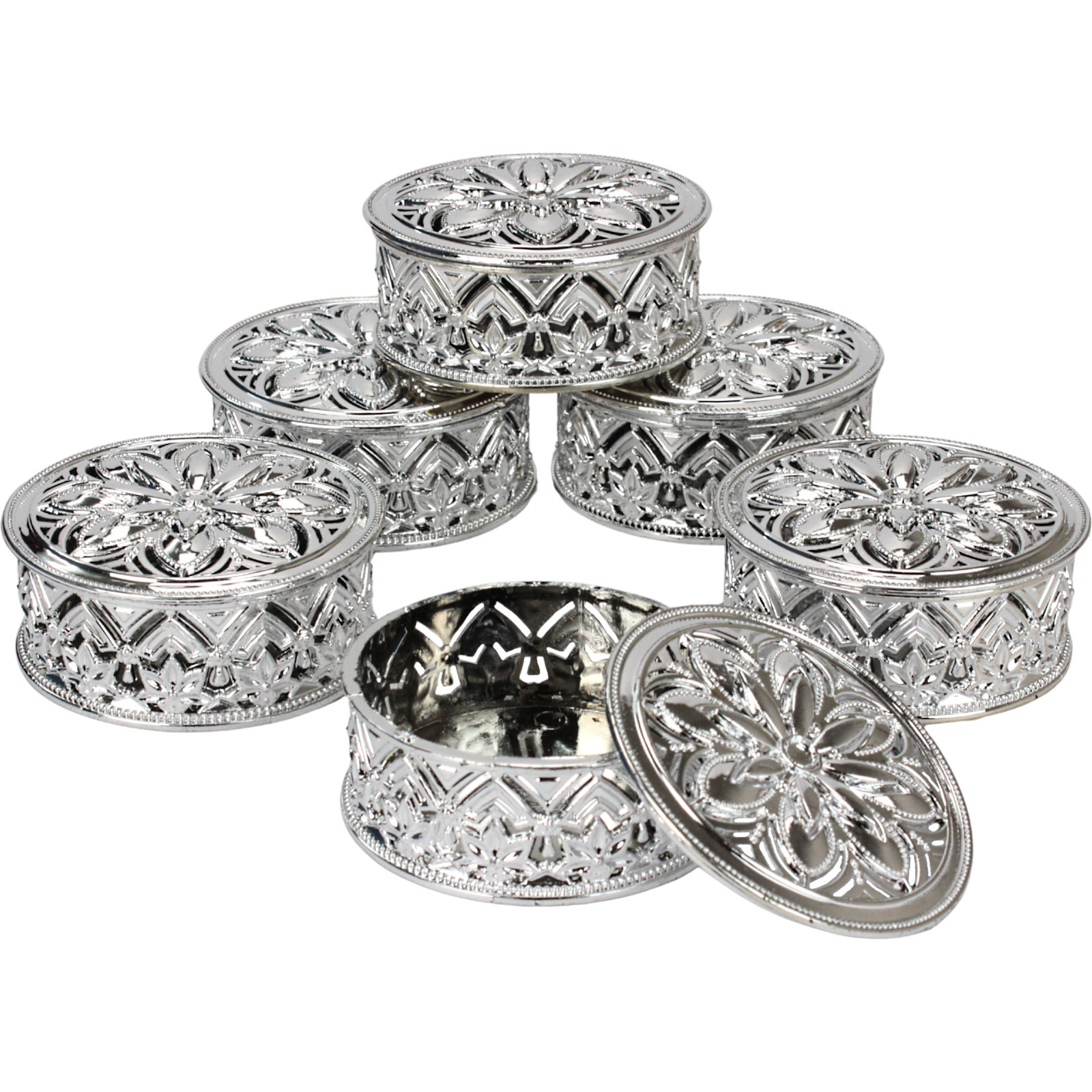 Silver Round Trinket Boxes (Pack of 6) - Discount Party Supplies
